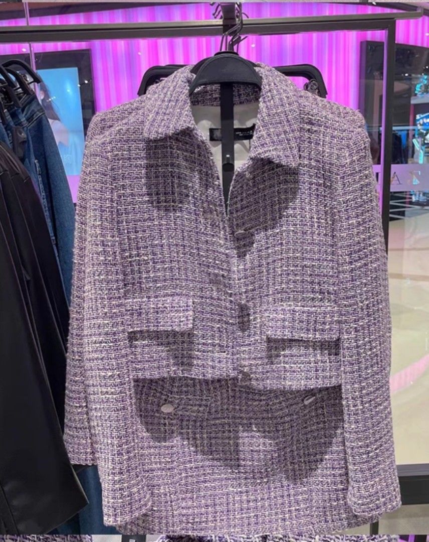 Zara Design purple tweed Jacket and Skirt set, Women's Fashion, Dresses ...