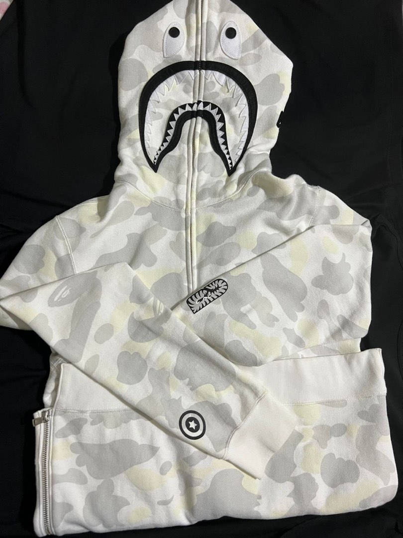 BAPE White camo PONR Shark Full Zip Hoodie, Men's Fashion, Tops & Sets ...