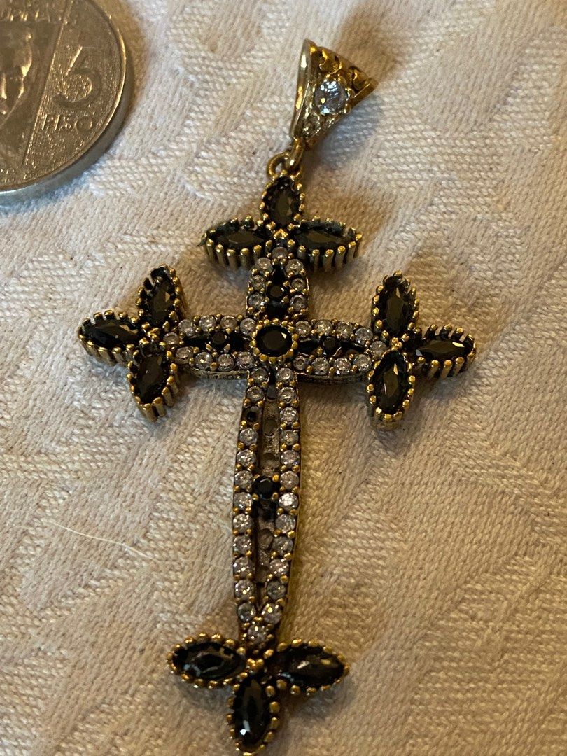 Big antique 925 silver with bronze gregorian cross with black sapphire ...