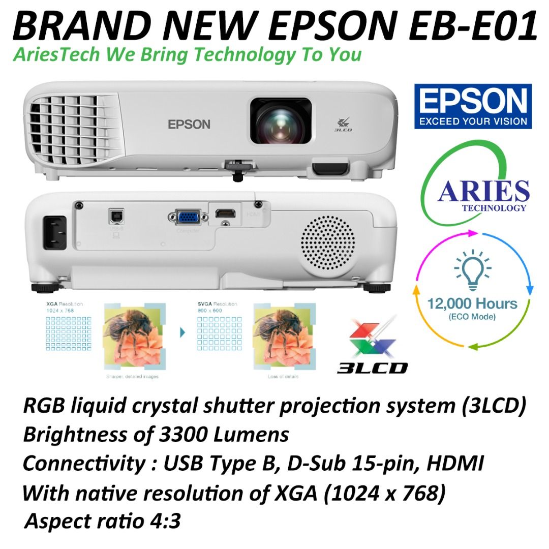 BRAND NEW Epson Projector Model EB-E01 with 3300 Lumens Only at Aries ...