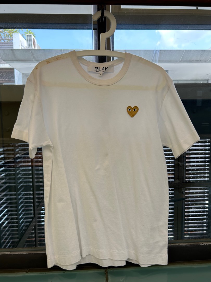 CDG white tshirt with gold heart logo, Men's Fashion, Tops & Sets ...