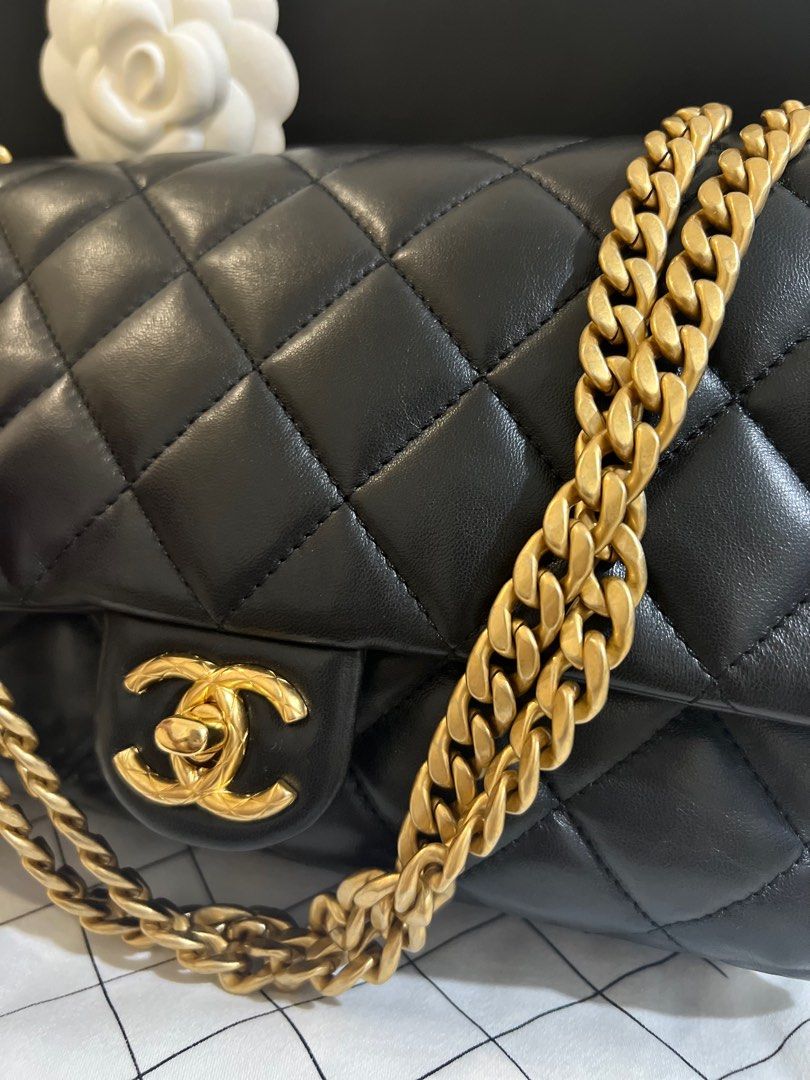 CHANEL 22K Small Flap - Black Lambskin with Adjustable Chain in Gold ...