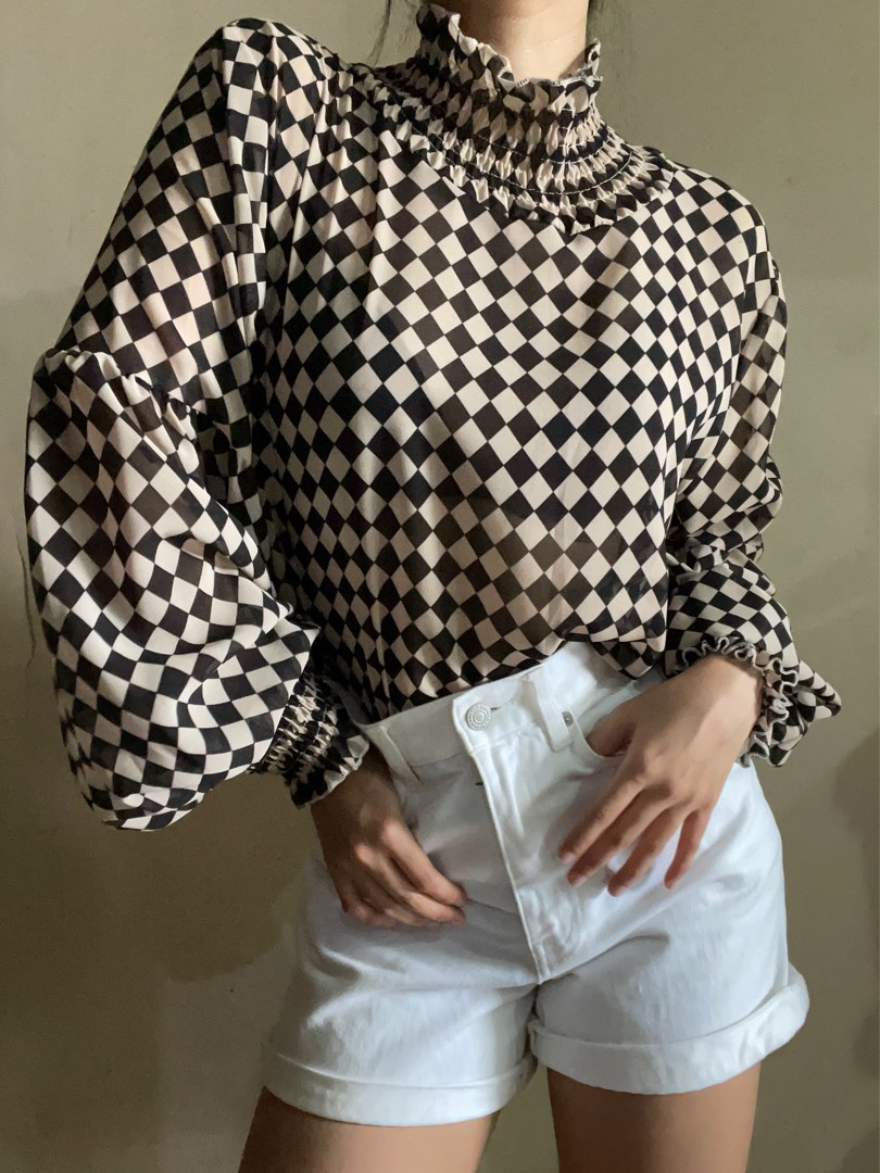 Checkered turtleneck bell sleeves top on Carousell