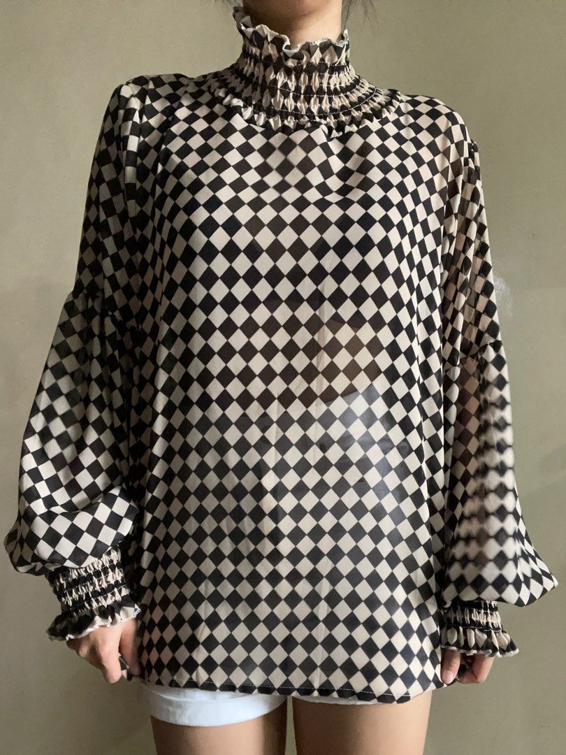 Checkered turtleneck bell sleeves top on Carousell