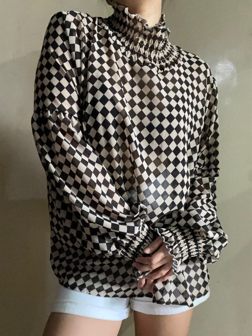 Checkered turtleneck bell sleeves top on Carousell