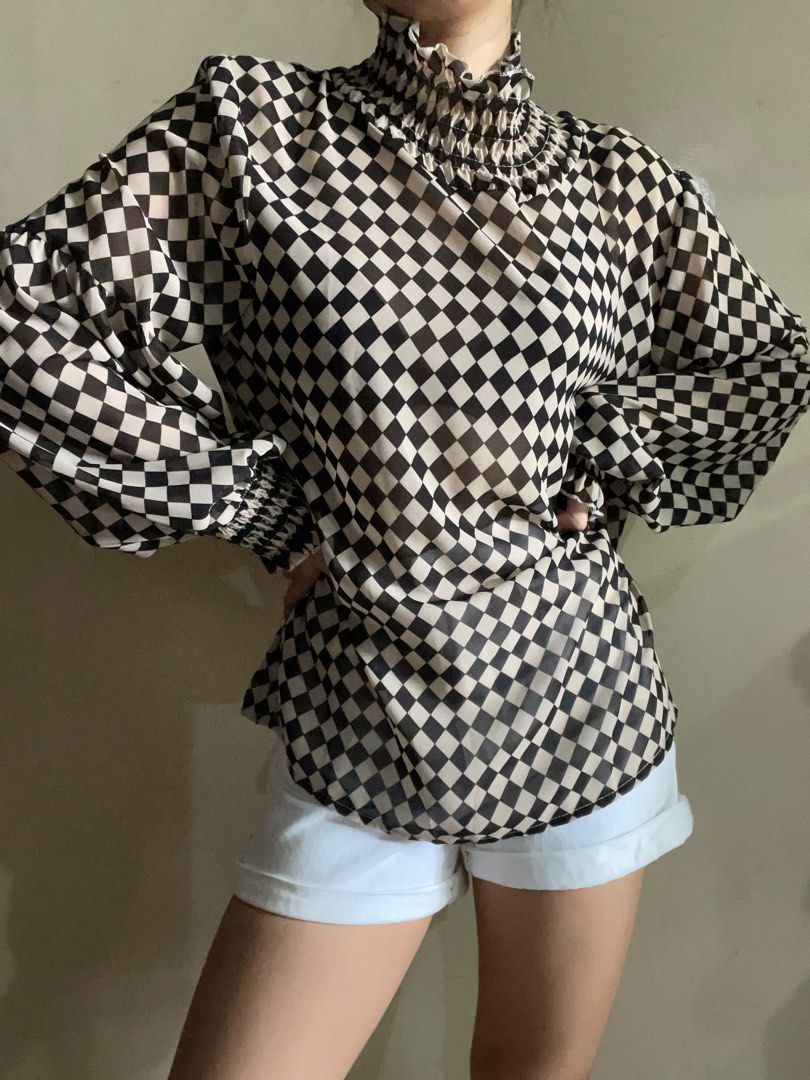 Checkered turtleneck bell sleeves top on Carousell