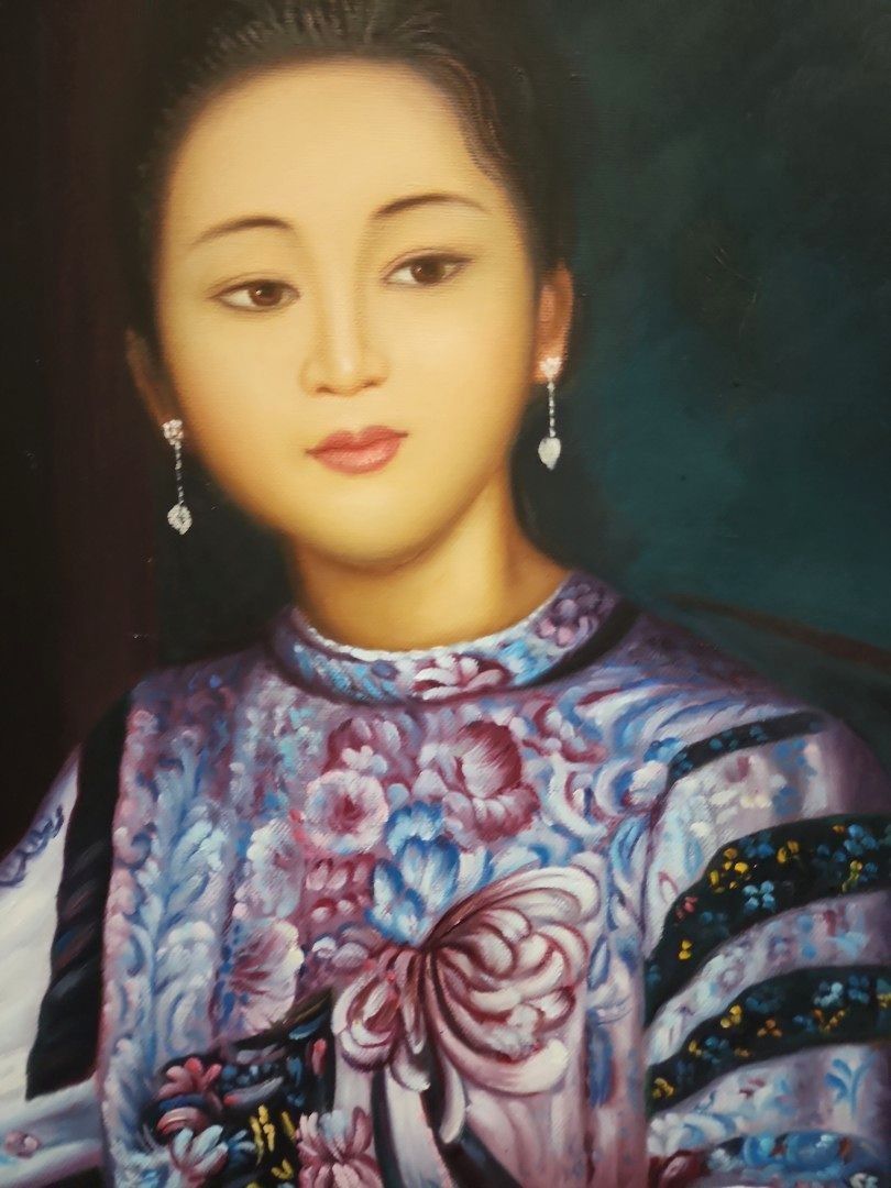 chinese lady oil painting playing gu zheng #3, Furniture & Home Living ...