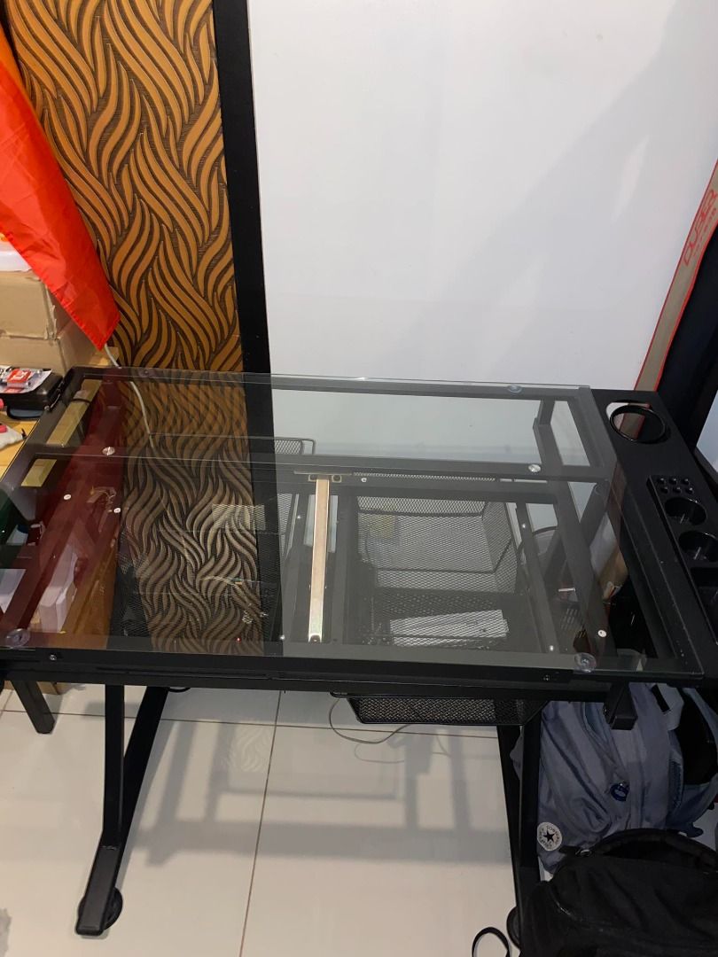 Drafting glass table with extra side table drawers and leather padded ...