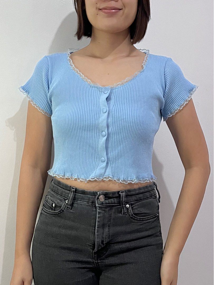 Korean Ribbed Top with Lace in Powder Blue, Women's Fashion, Tops ...