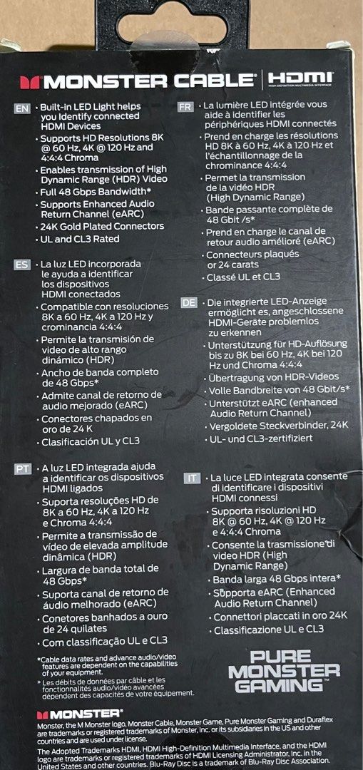 Monster Essentials Gaming 8K UHS LED HDMI v2.1 Cable 1.5m, Audio ...