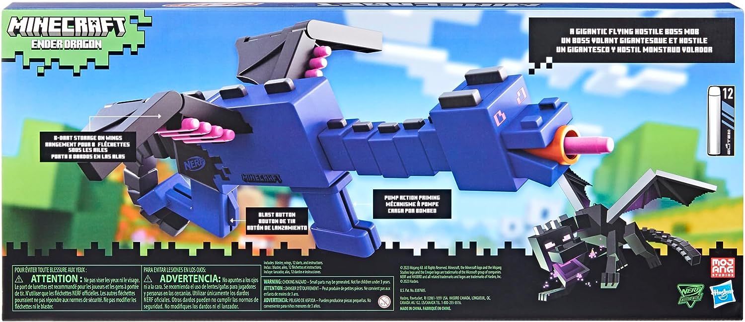 NERF Minecraft Ender Dragon Blaster, 4-Dart Internal Clip, 12 Elite ...
