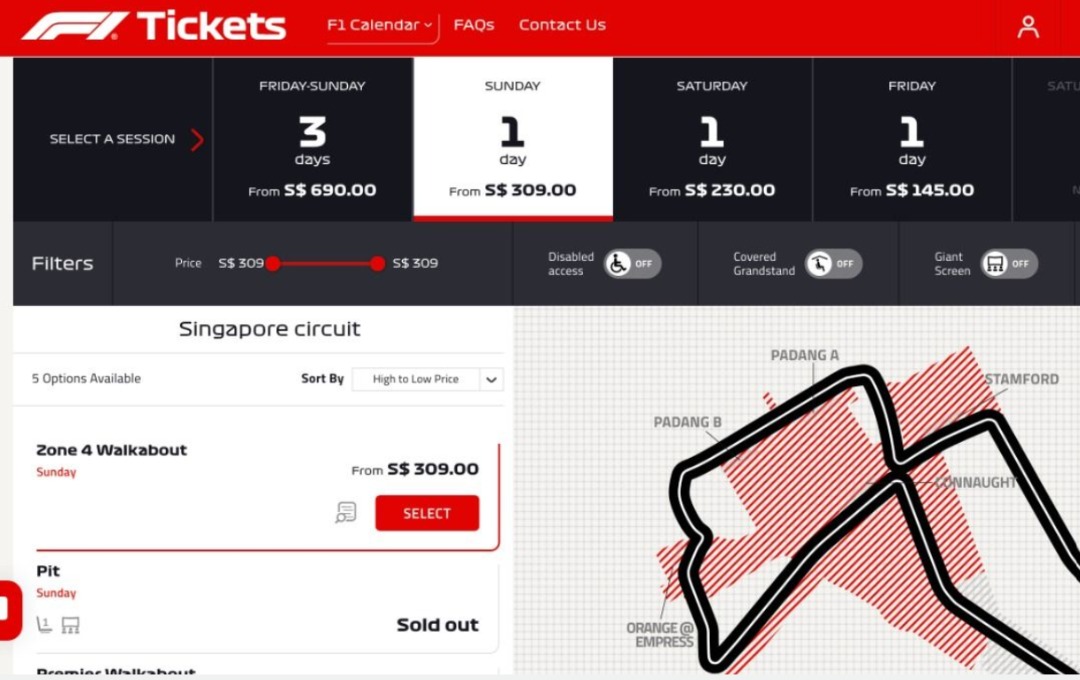 SGP Singapore F1 Zone 4 Walkabout Tickets Sunday, Tickets & Vouchers ...