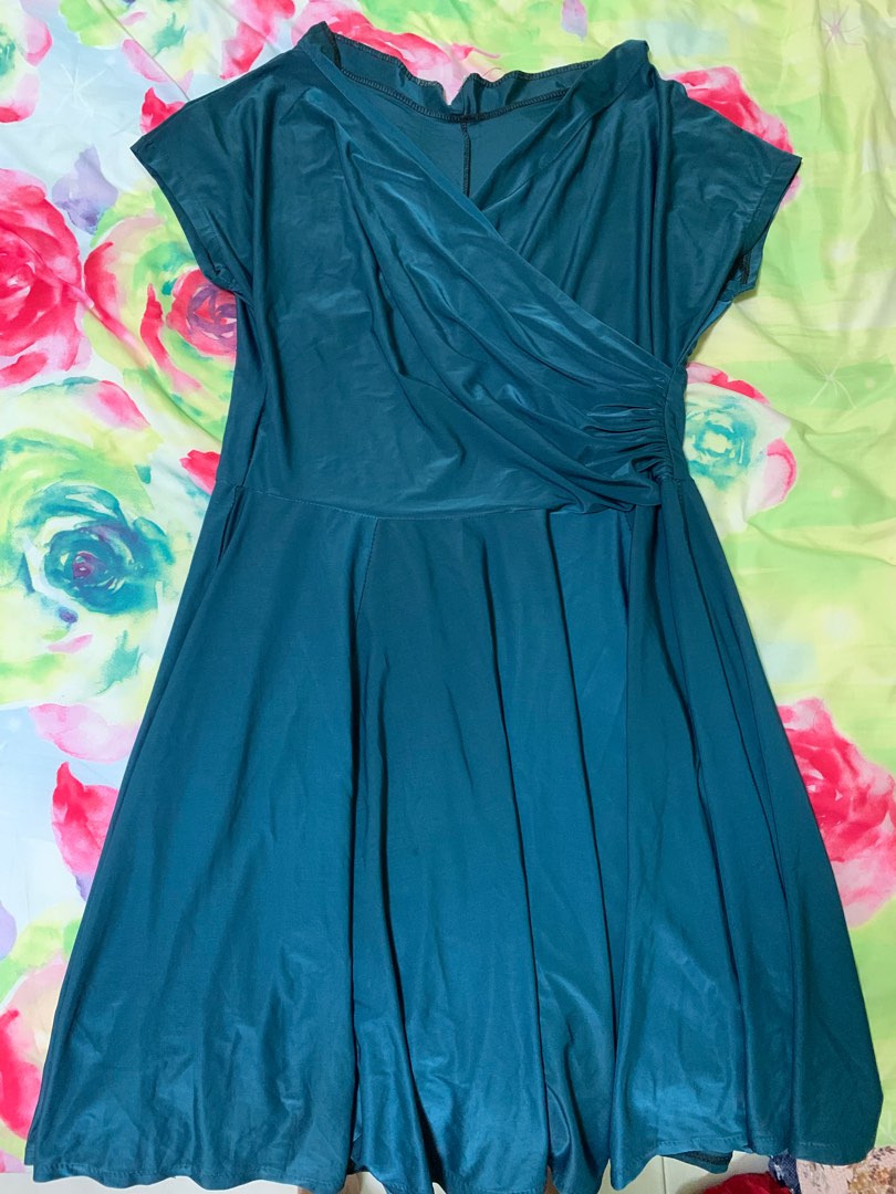 Turquoise Low V Neck Evening Gown, Women's Fashion, Dresses & Sets ...
