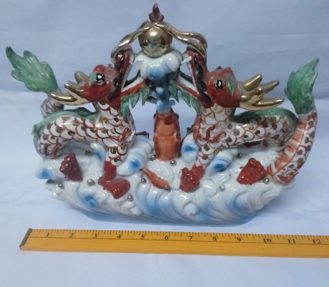 Vintage Auspicious Double Dragon Chasing Pearl Figurine/ Feng Sui Decor ...