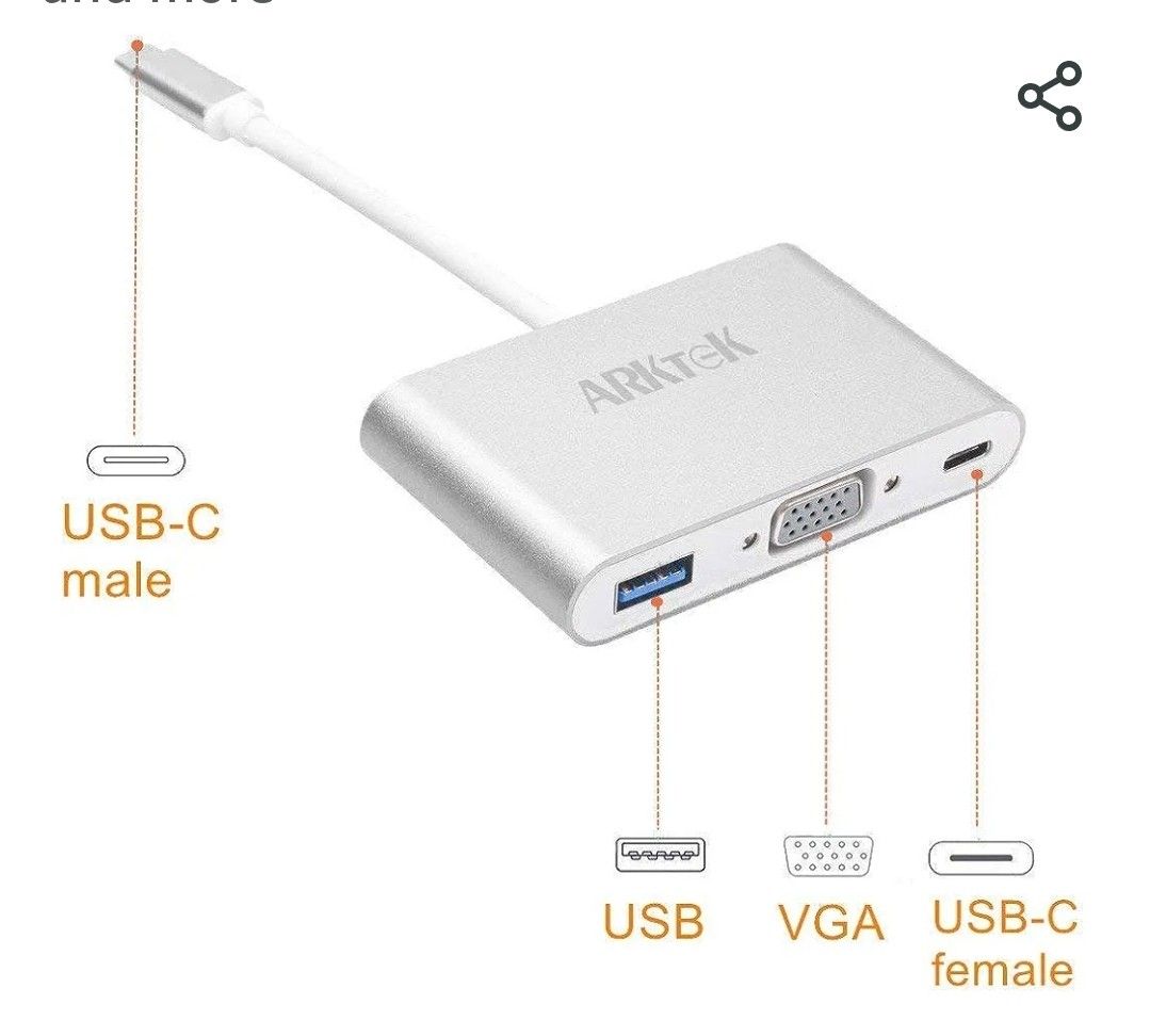 ARKTEK USB C To VGA Adapter USB Type C To VGA With USB 3 0 And USB C Female Charging Port 3 IN 1