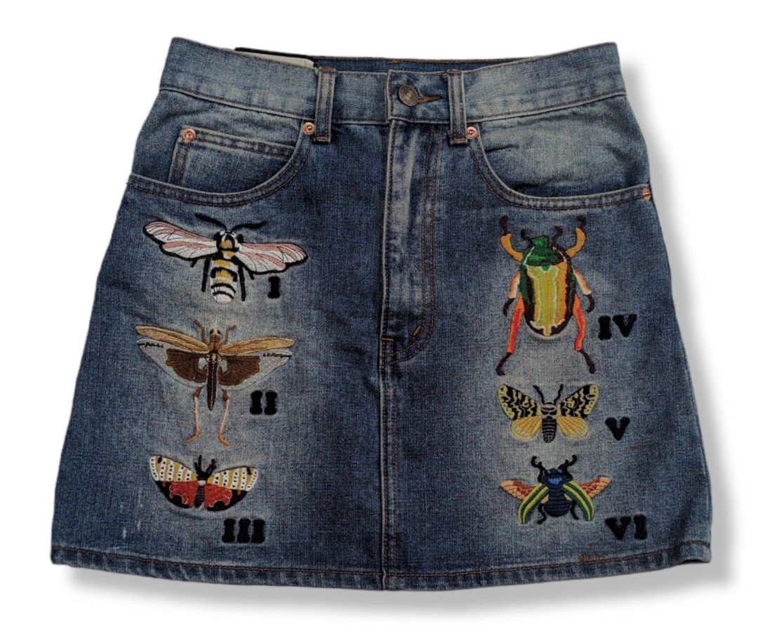 GUCCI EMBROIDERED INSECTS DENIM MINI-SKIRT on Carousell