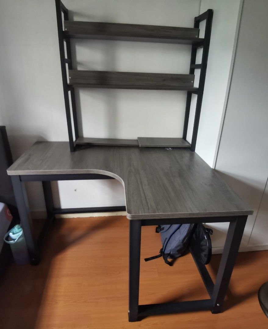 L shape Computer Table with bookshelf, Furniture & Home Living ...