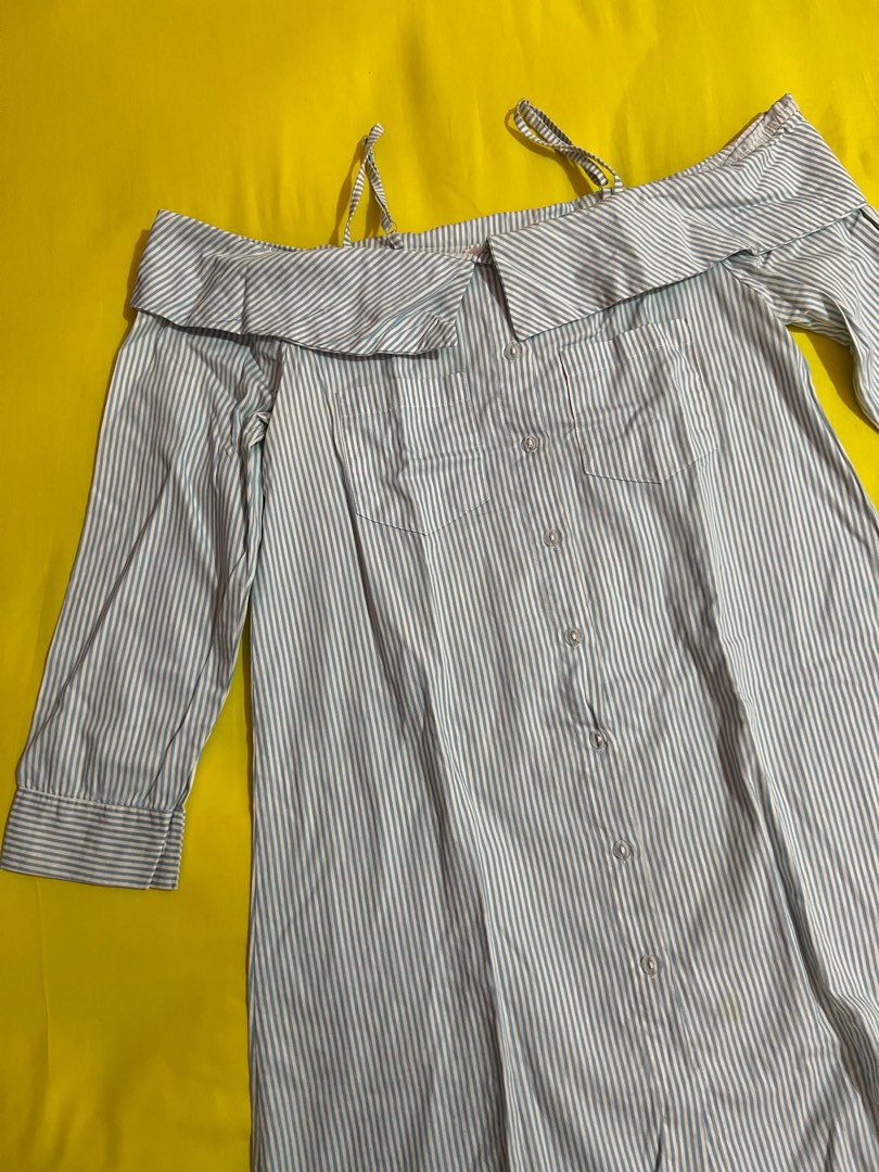 sabrina dress korea garis- garis biru love letter original, Fesyen Wanita, Pakaian Wanita, Gaun ...