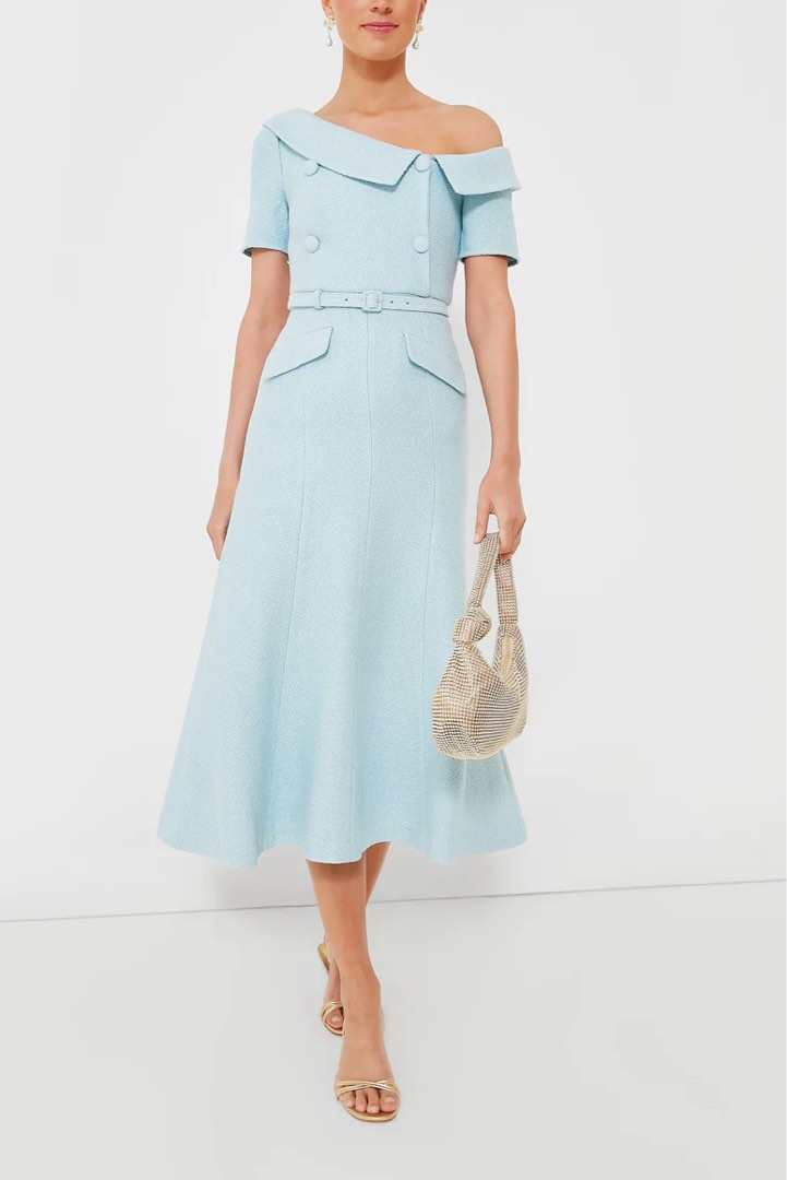 Self-portrait Blue Textured Woven Midi Dress, 女裝, 連身裙 & 套裝, 連身裙 - Carousell