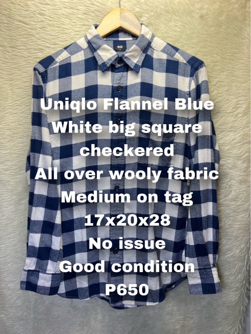 Uniqlo Flannel Blue White big square checkered All over wooly fabric ...