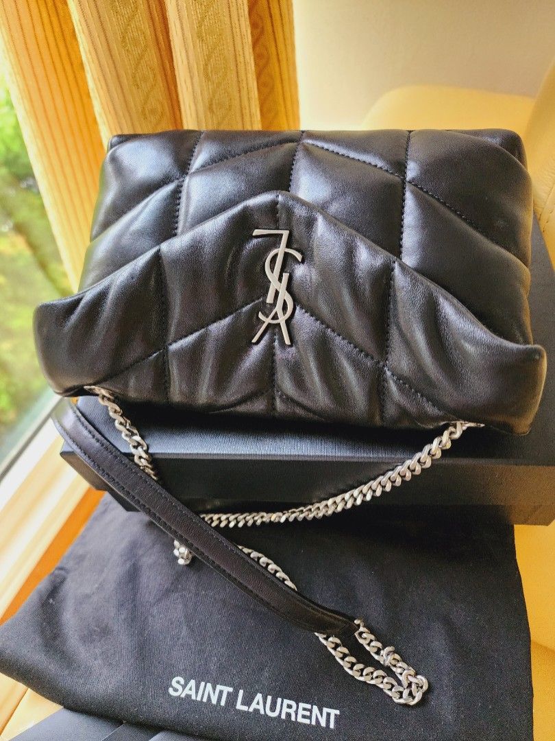 YSL Black Leather Mini Puffer Silver Long Chain Sling Bag, Women's ...