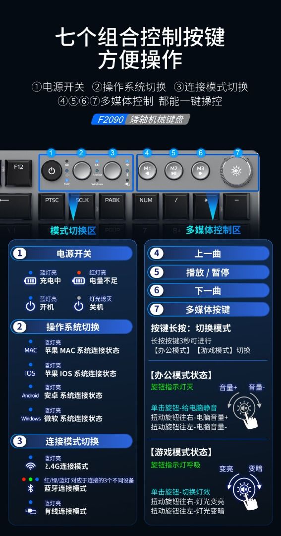 AULA F2090 Wireless Mechanical Keyboard Ultra Thin 104 Keys Support USB ...