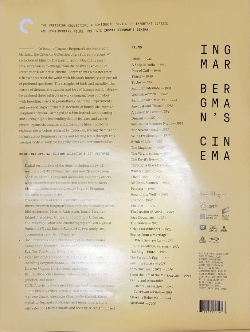 Ingmar Bergman’s Cinema box set Criterion Collection blu ray 美版藍光 只有英文 ...