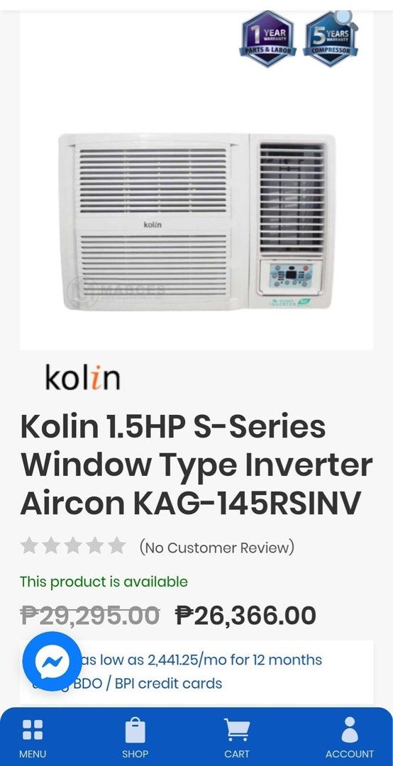 Kolin 1.5HP S-Series Window Type Inverter, TV & Home Appliances, Air ...