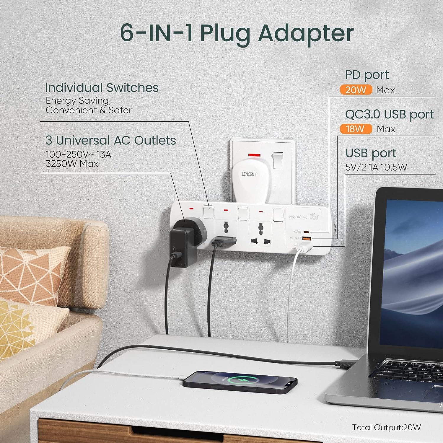 LENCENT Multi Plug Extension Socket, 3 Way Electrical Outlet Extender ...