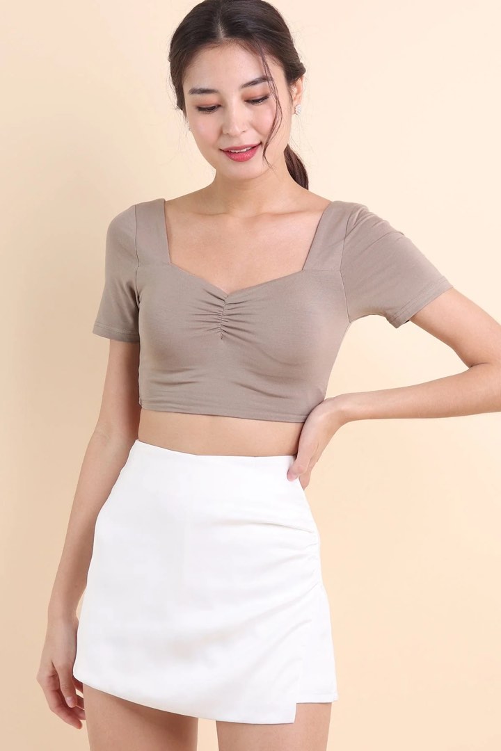 NEONMELLO abby ruched sleeve crop top (taupe), Women's Fashion, Tops ...
