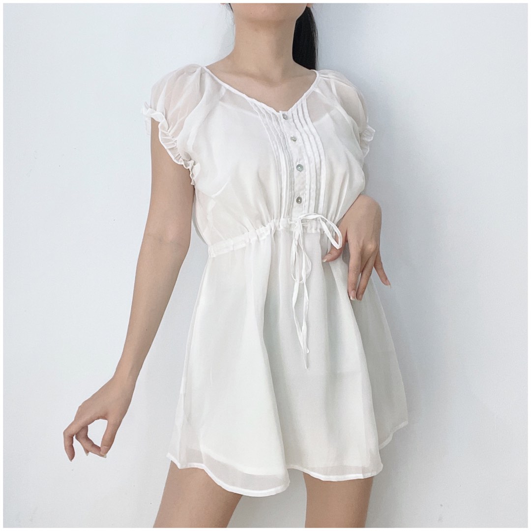NEW White Button Baby Doll Chiffon Long Top Mini Dress Set with Inner ...