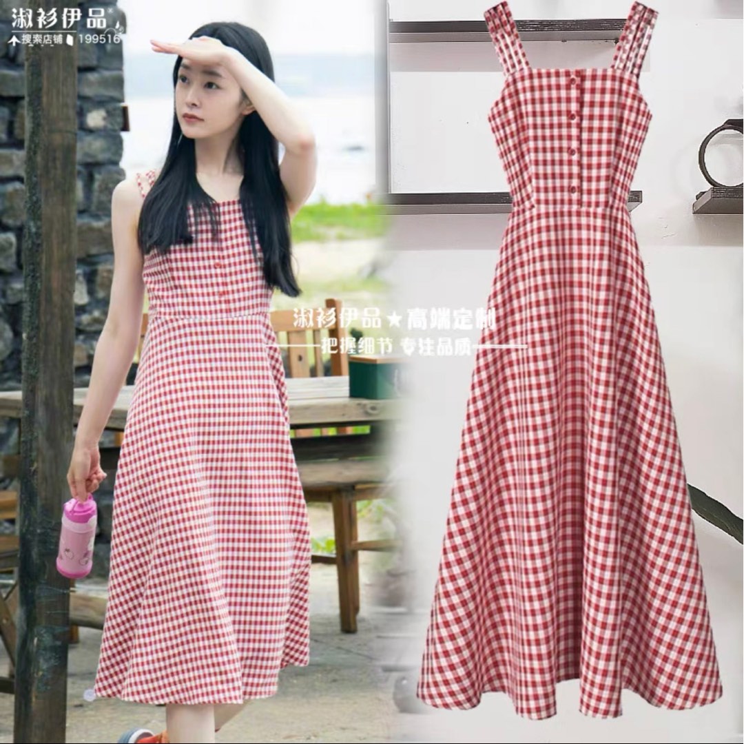 Red white Checkered midi Dress, Women's Fashion, Dresses & Sets ...