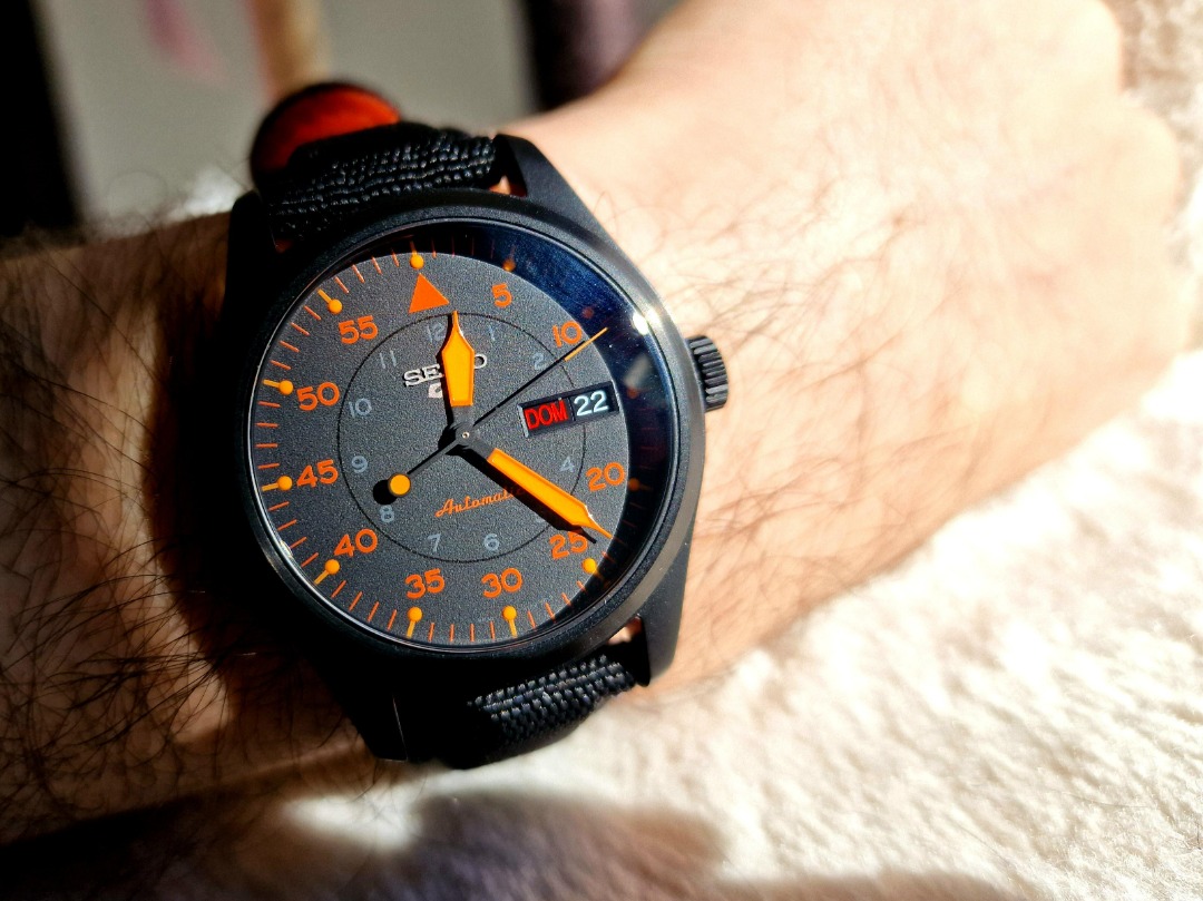 Seiko 5 Sports SRPH33K1 Reissue Military Black Orange Nylon Day Date ...