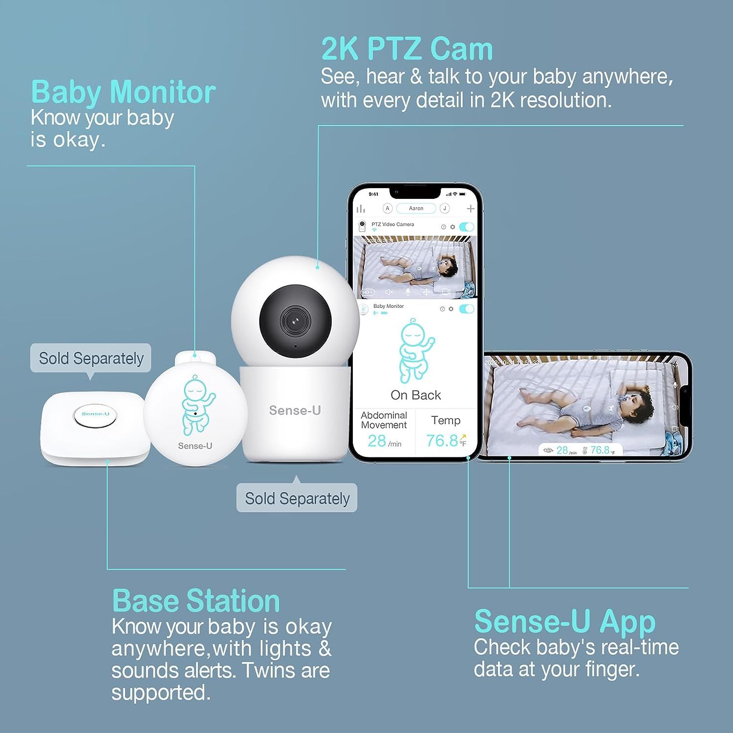 Sense-U Baby Monitor with Breathing Rollover Movement Temperature ...