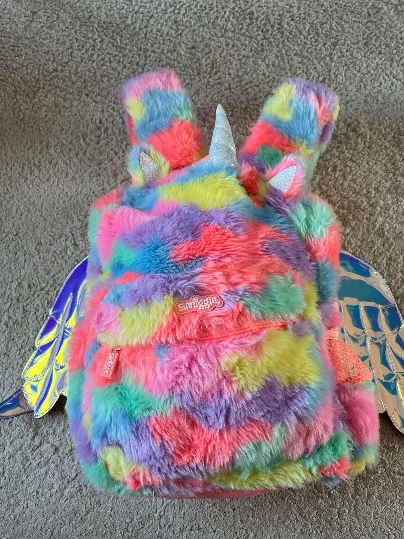 Smiggle Fluffy Rainbow unicorn junior backpack, Women's Fashion, Bags ...