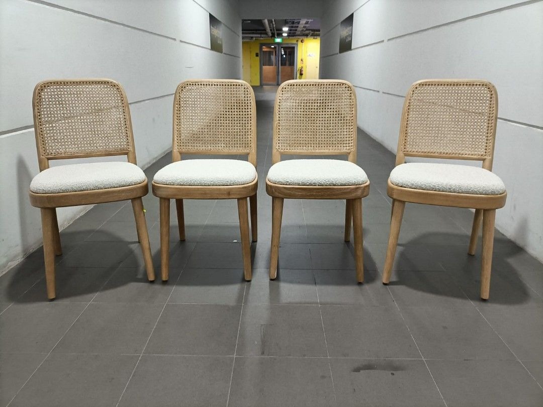 4 x VOLONIA Rattan Cane Dining Chairs in OAK with BOUCLE Cushion ...