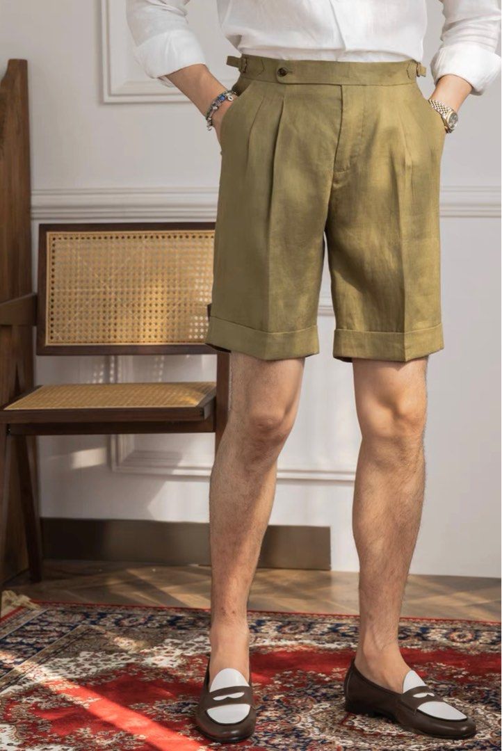 Beltless Green Linen summer shorts for men, Men's Fashion, Bottoms ...