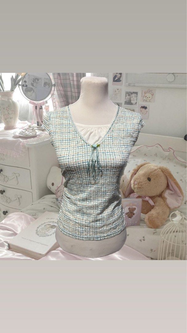 Coquette blue checkered milkmaid top blouse on Carousell