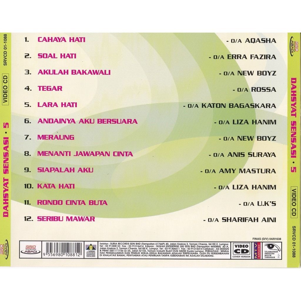 Dahsyat Sensasi Vol.5 VCD MTV Karaoke Aqasha Erra Fazira New Boyz Rossa ...