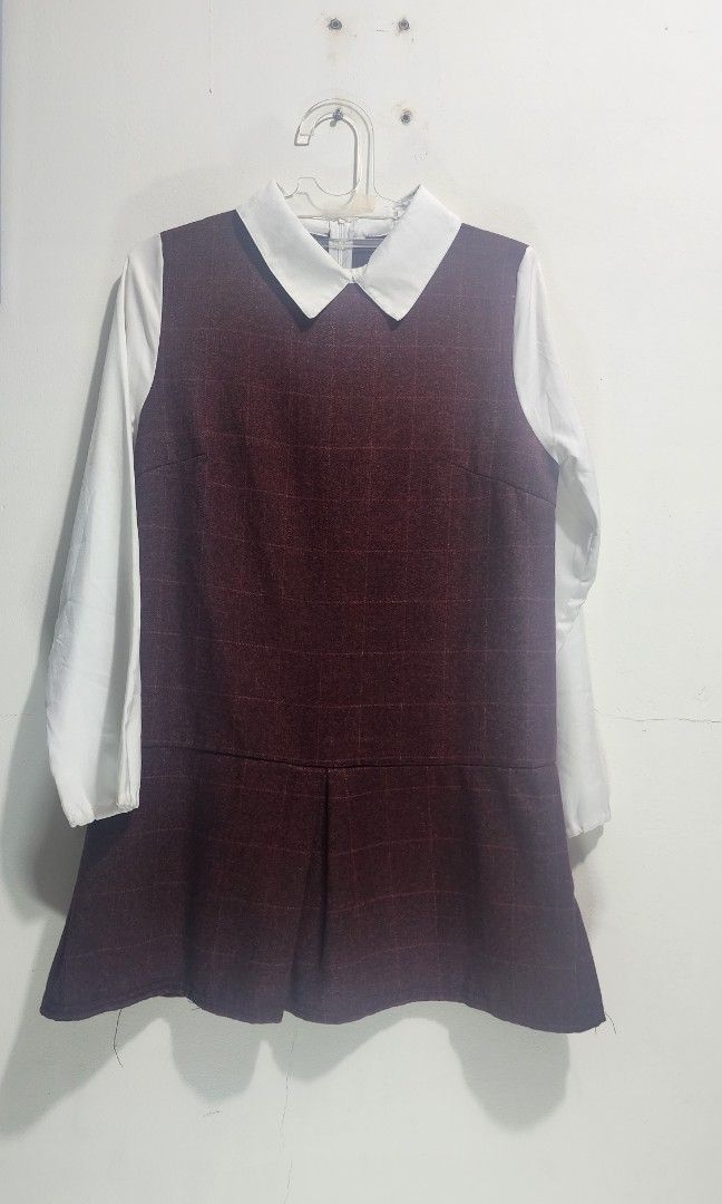 Korean Red and White Fall Dress, Fesyen Wanita, Pakaian Wanita, Gaun ...