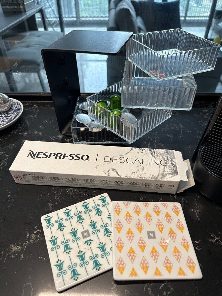 Nespresso Essenza Plus Black with pods, pod storage, Nespresso coasters ...