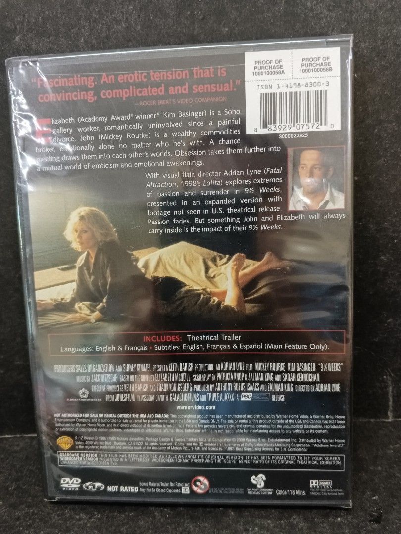 Original DVD: 9 1/2 WEEKS -Mickey Rourke, Kim Basinger (Region 1 ...