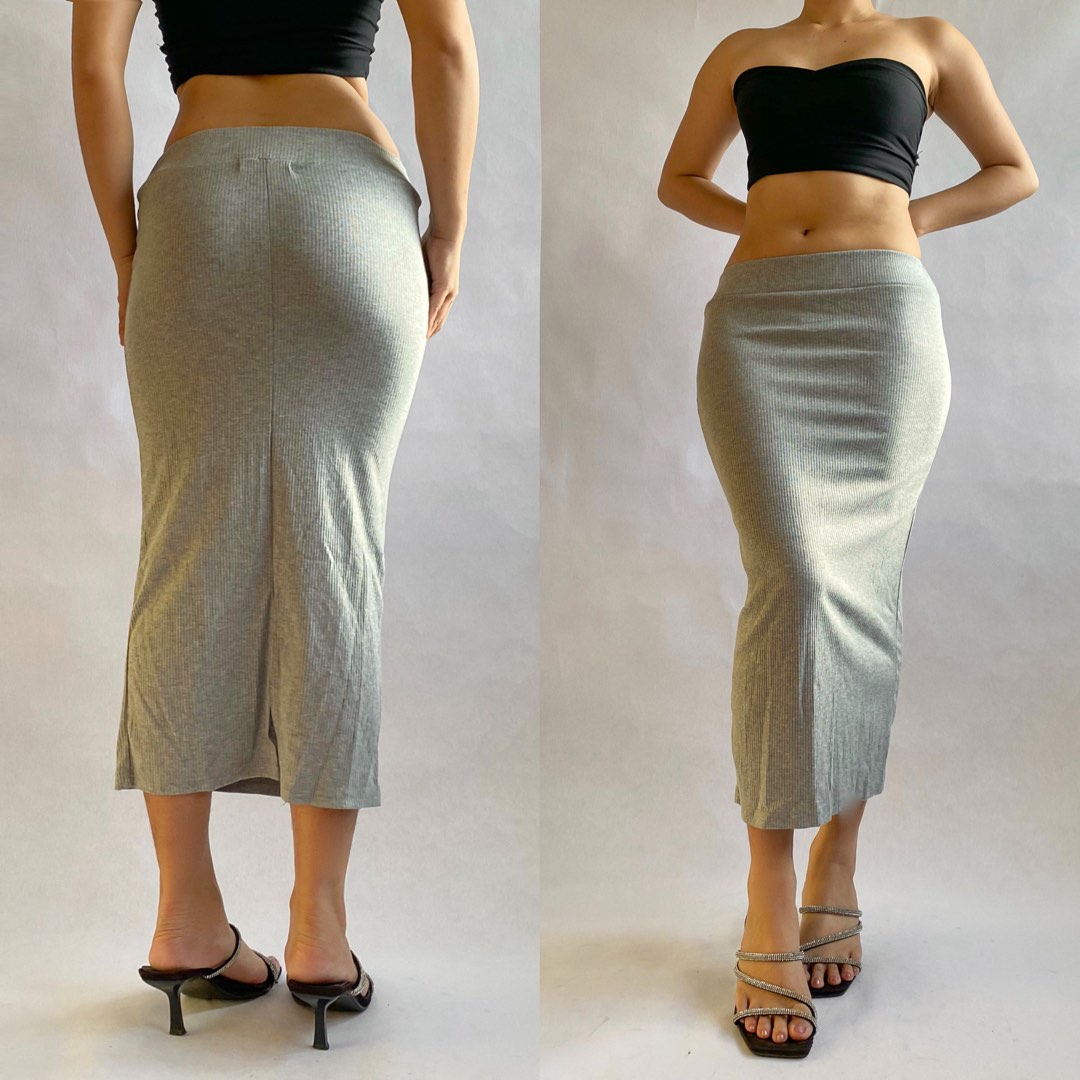 ribbed gray hugging midi skirt, Women's Fashion, Bottoms, Skirts on ...