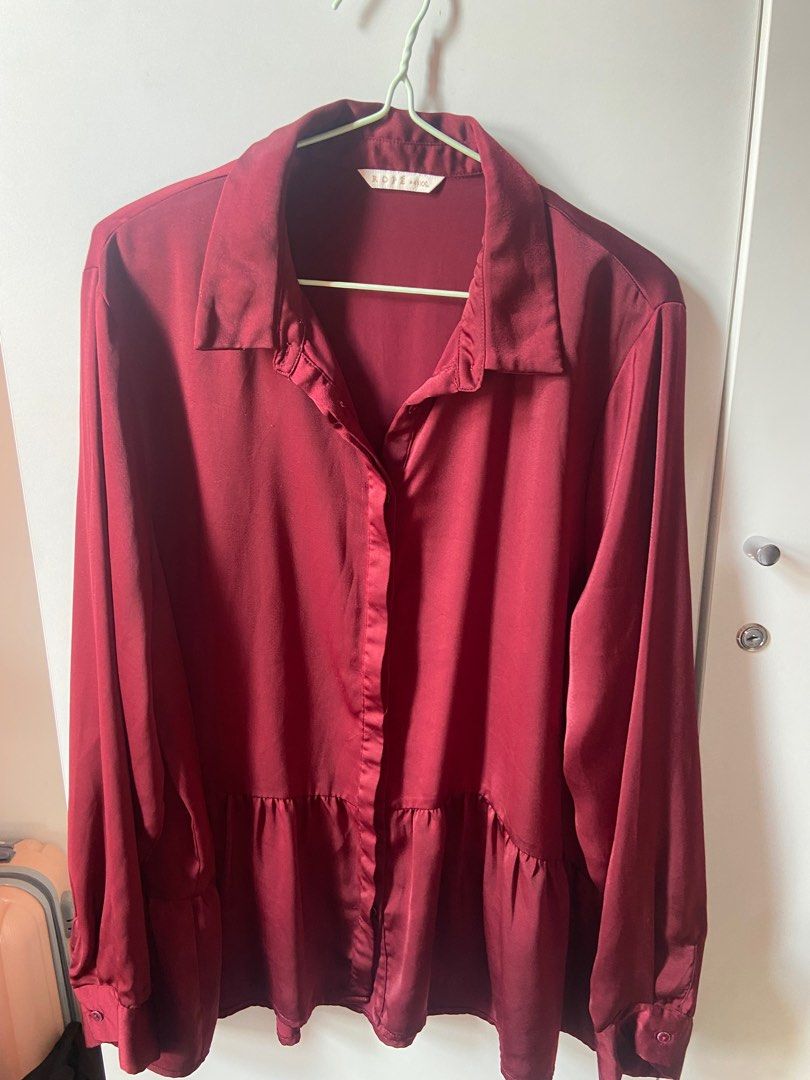 Satin Maroon blouse brands outlet, Women's Fashion, Tops, Blouses on ...