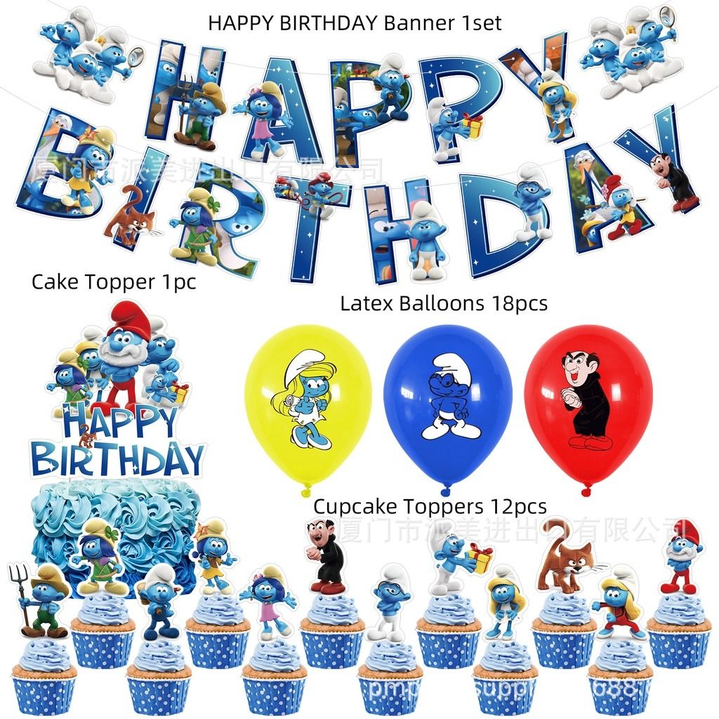 The Smurfs Birthday Theme Kit: Happy Birthday Banner; Big Cake Topper ...