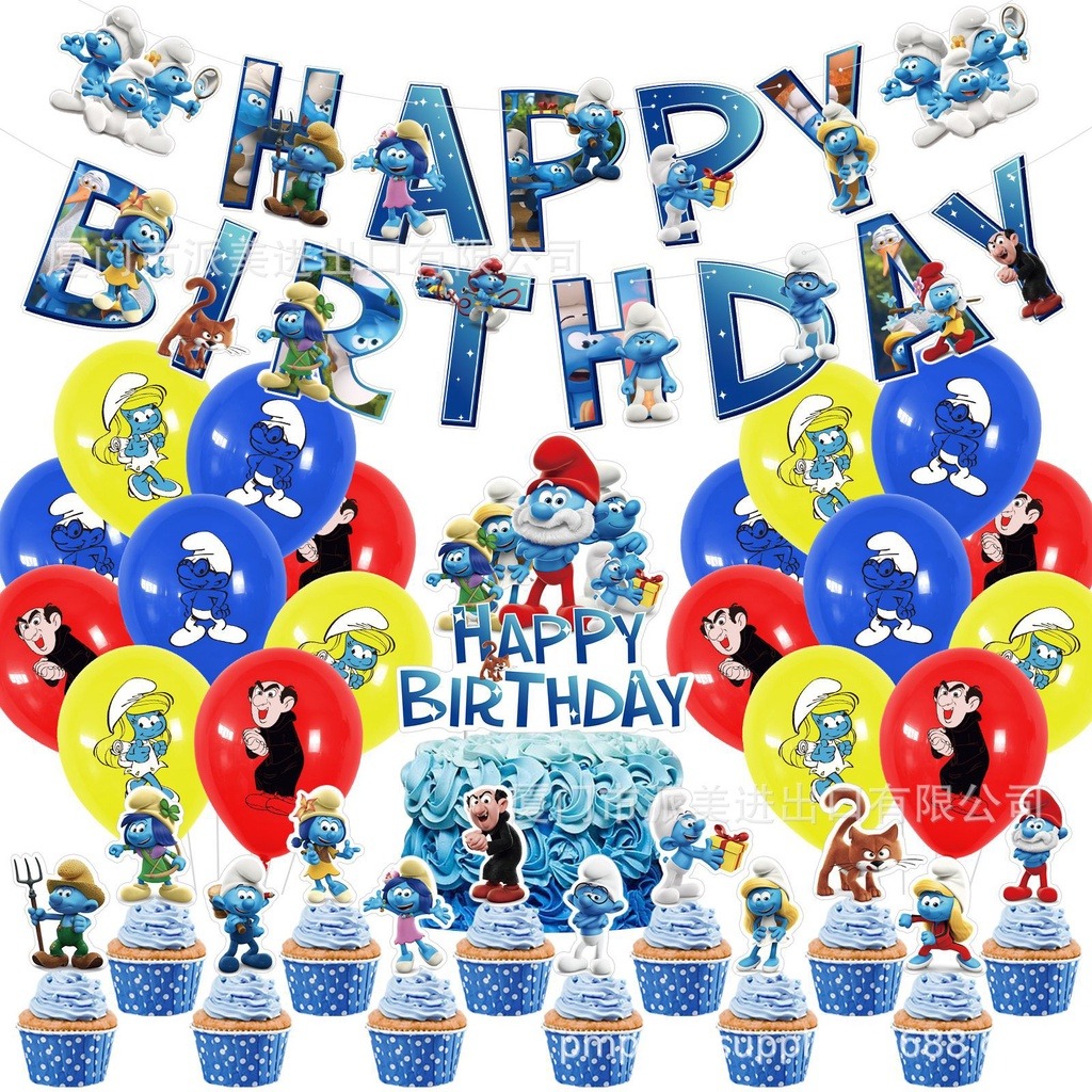 The Smurfs Birthday Theme Kit: Happy Birthday Banner; Big Cake Topper ...