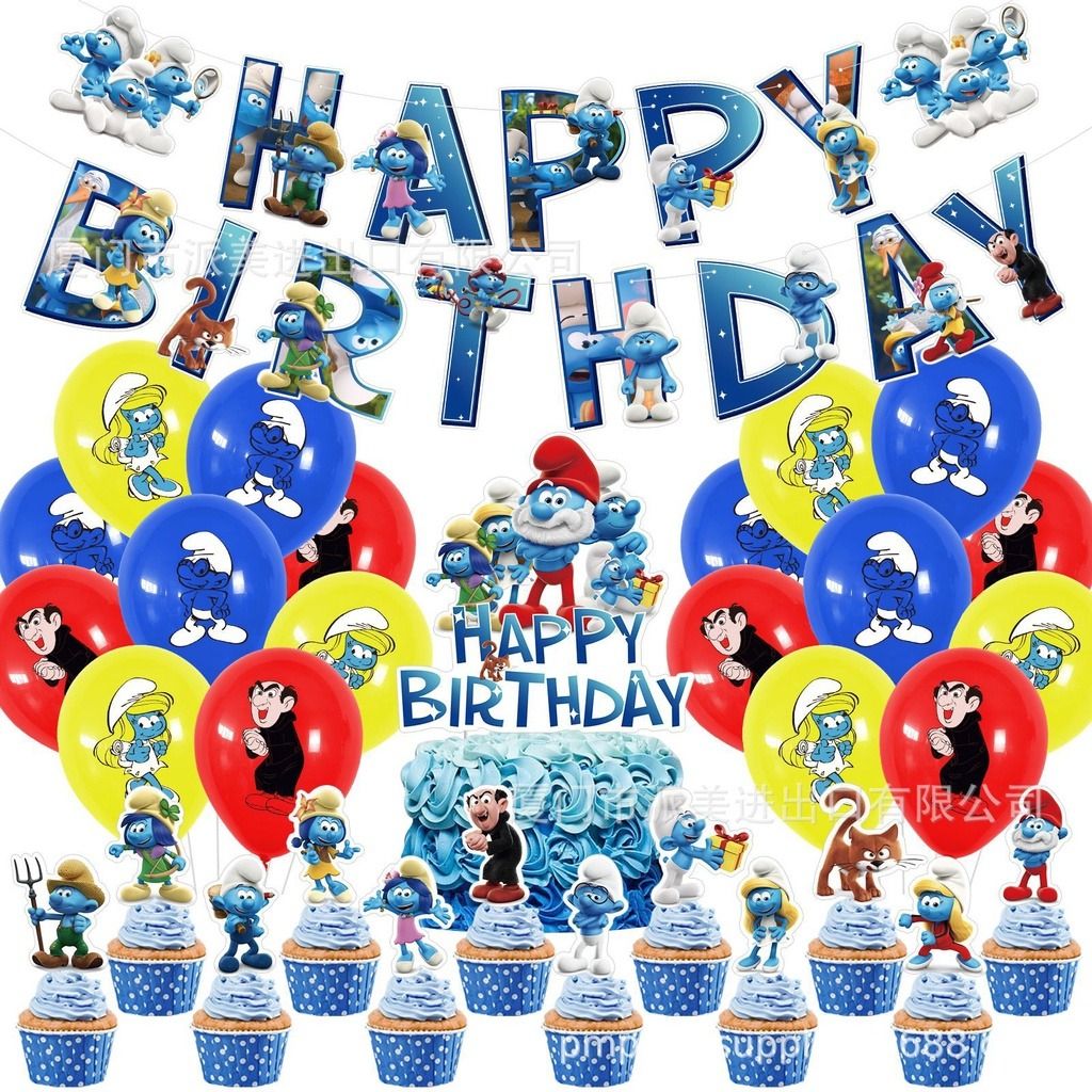 The Smurfs Birthday Theme Kit: Happy Birthday Banner; Big Cake Topper ...