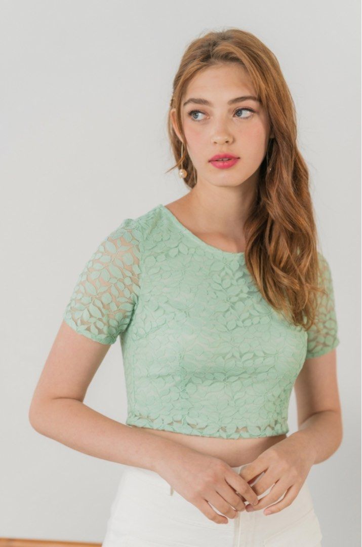 The Stage Walk Erica Leafy Lace Crop Top in Sage Green, Women's Fashion, Tops, Blouses on Carousell