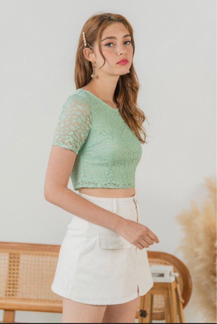 The Stage Walk Erica Leafy Lace Crop Top in Sage Green, Women's Fashion, Tops, Blouses on Carousell