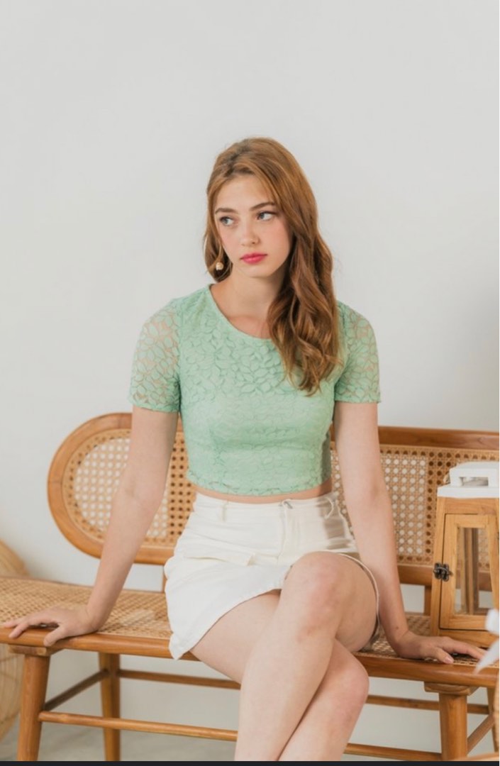 The Stage Walk Erica Leafy Lace Crop Top in Sage Green, Women's Fashion, Tops, Blouses on Carousell